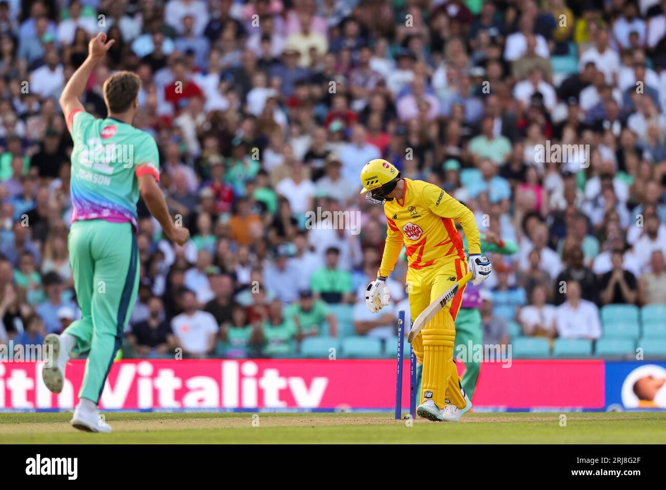 London, England. 21st August, 2023. Trent Rockets' Joe Root is bowled ...