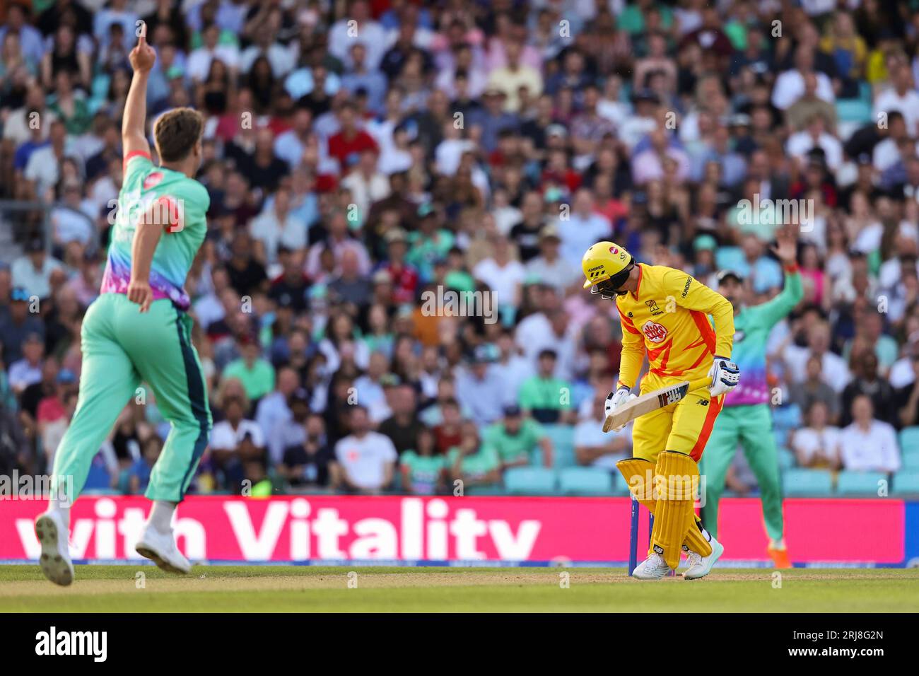 London, England. 21st August, 2023. Trent Rockets' Joe Root is bowled ...