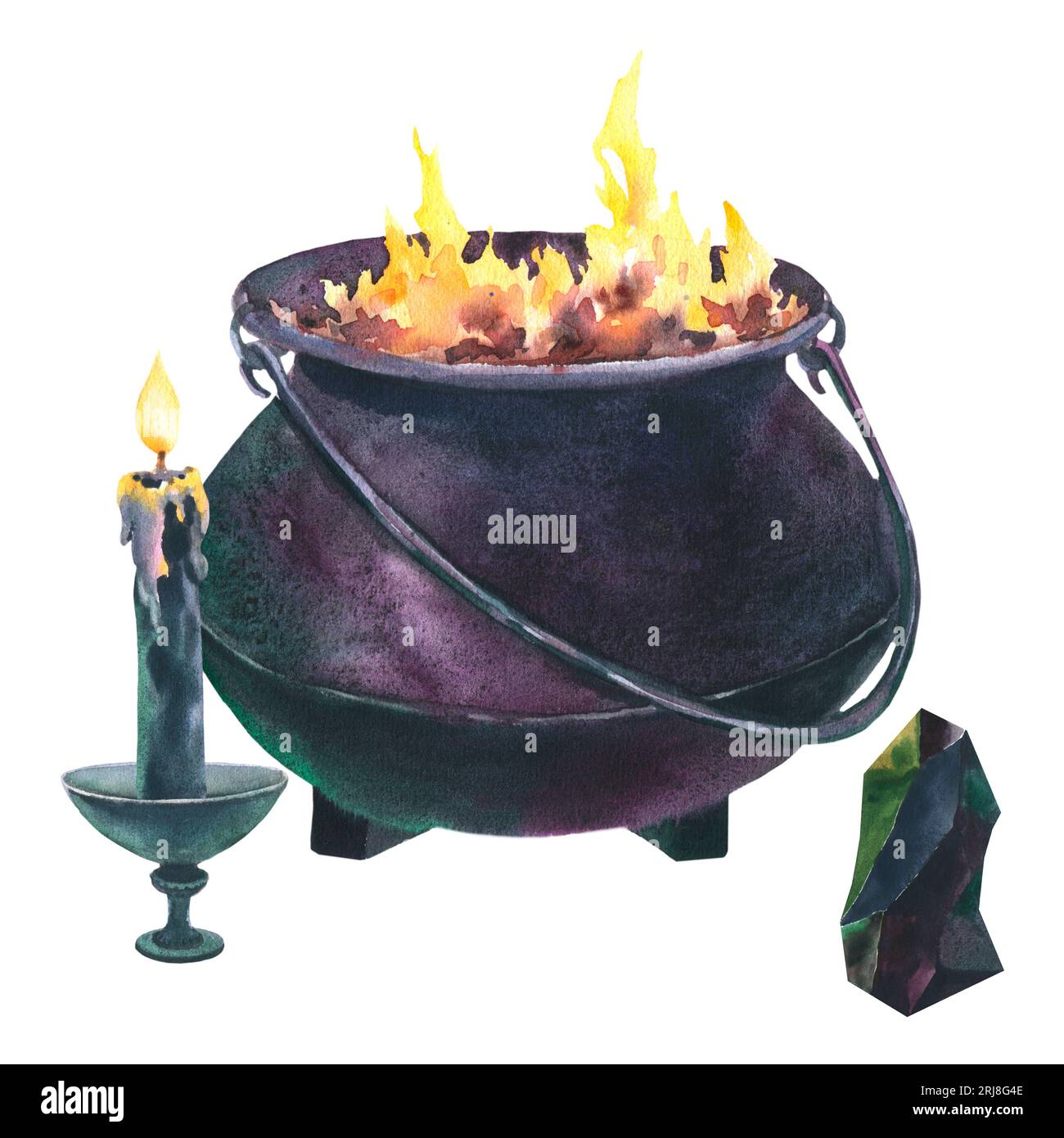 Watercolor Witch Cauldron, candle and crystal. Hand painted ...
