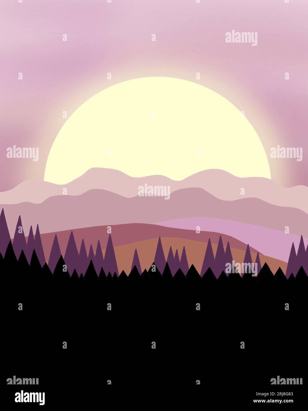 Cartoon drawing of a large sun setting behind a hill range Stock Photo ...