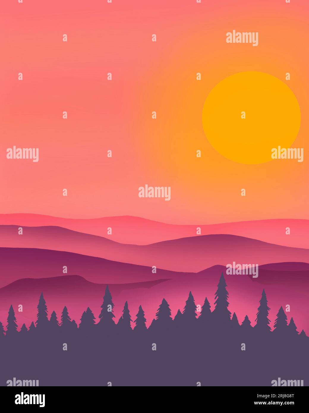 Drawing of the a large sun setting over hills and creating a pink and ...