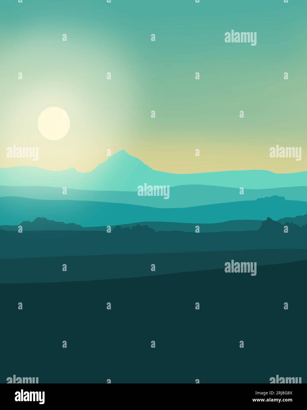 Cartoon illustration of the sun rising over the hills at dawn Stock ...