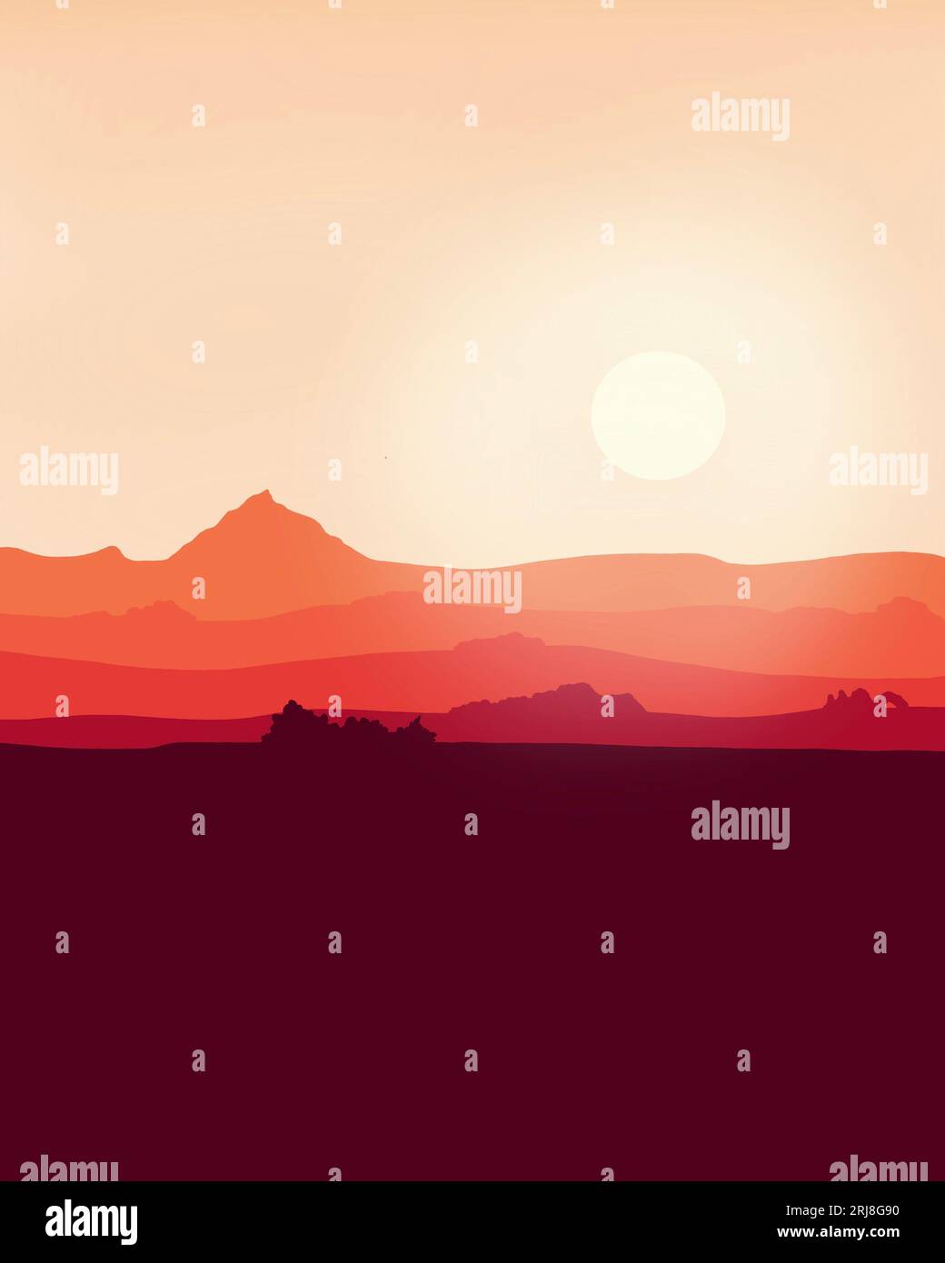 Illustration of a hill range at sunset using reds and deep orange ...