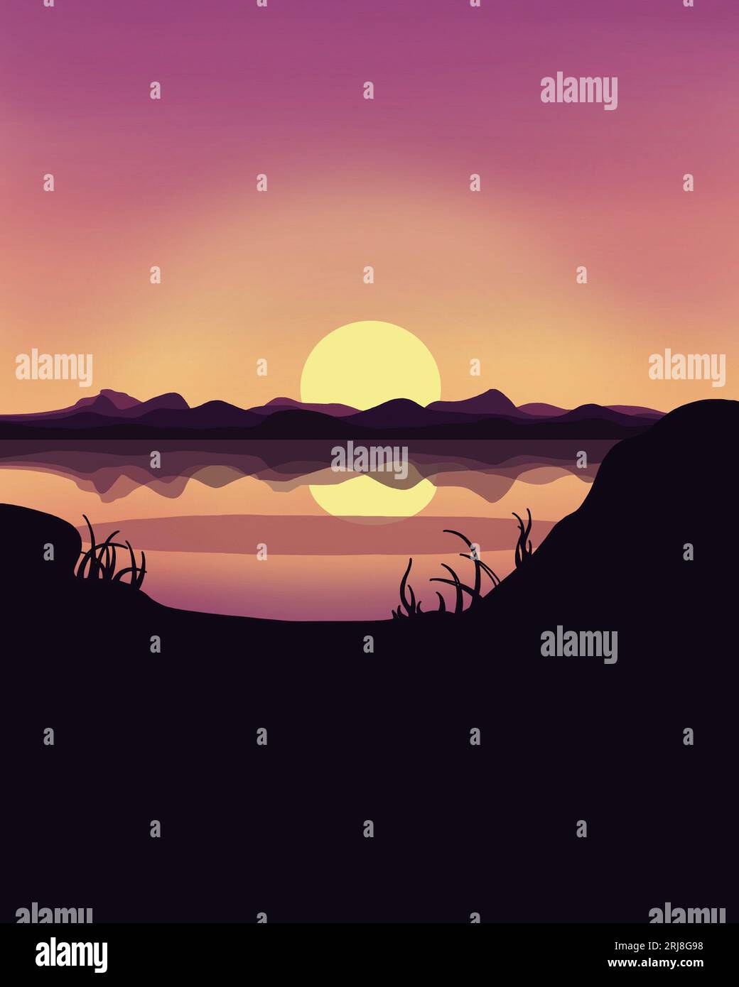 Cartoon drawing of a hill range at sunset with a lake, featuring the ...