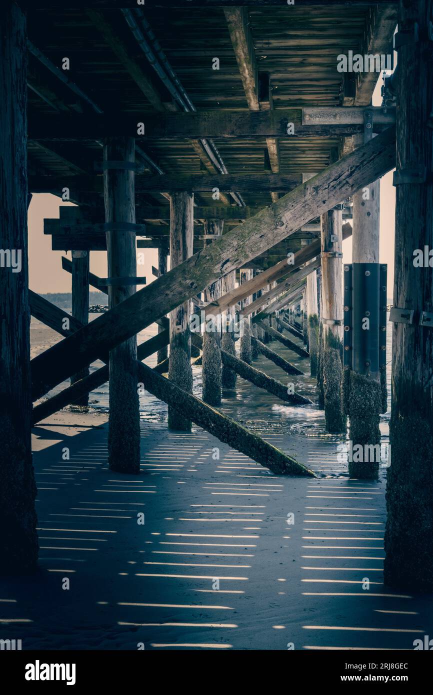 View of patterns created by beams and supports under White Rock Pier ...