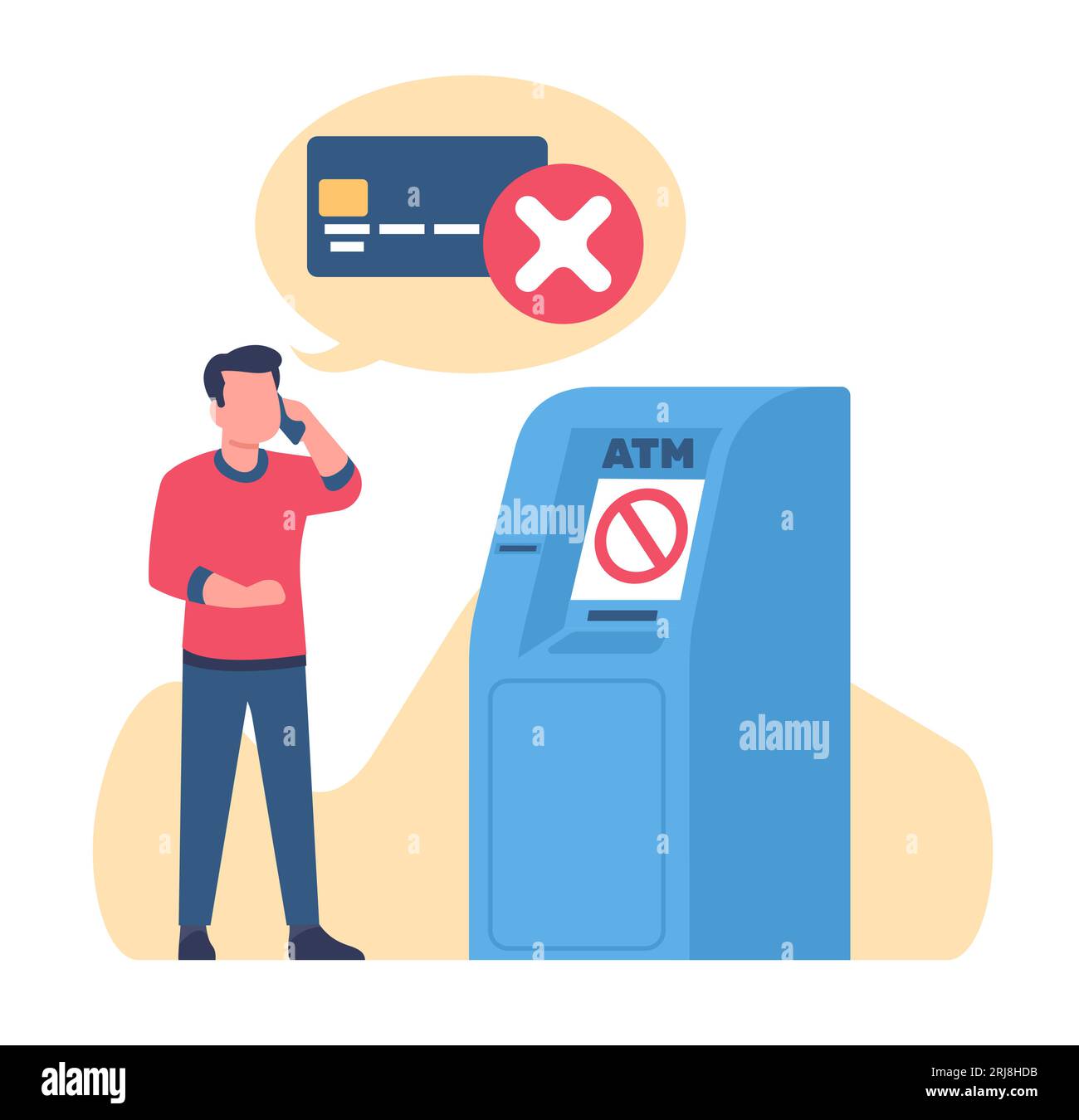 ATM blocked payment credit card. Upset man calls bank support for help ...