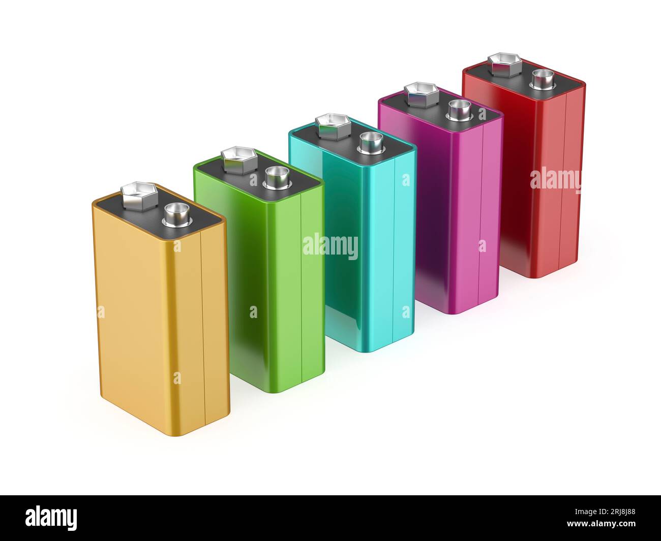 Row with five 9V batteries with different colors on white background ...