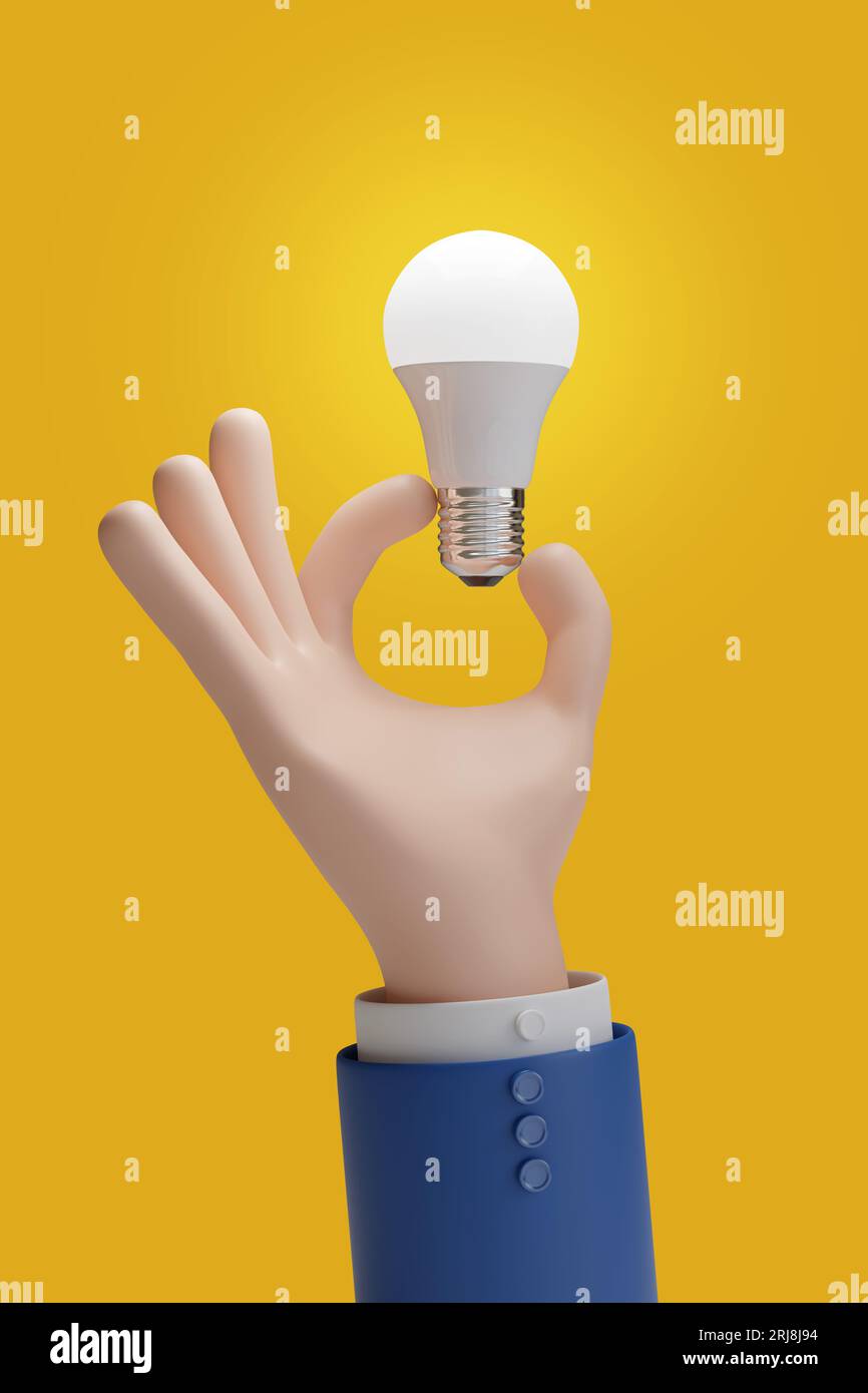 Cartoon hand holding a light LED bulb isolated in white background. 3d ...