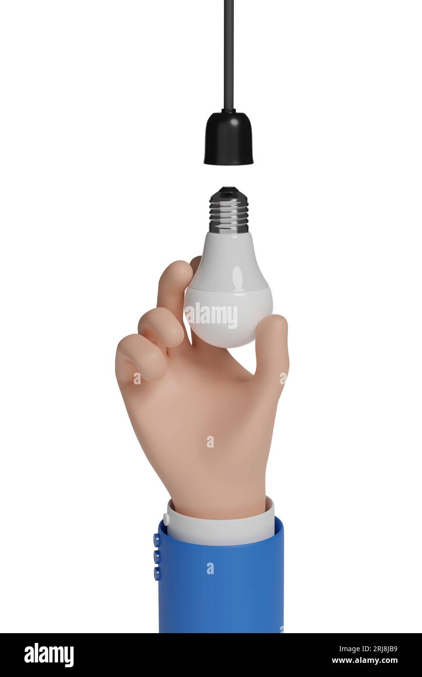 Cartoon hand placing a light led bulb isolated in white background. 3d ...