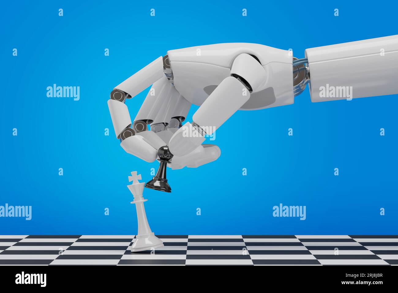 Robotic hand playing chess isolated on blue background. 3d illustration ...