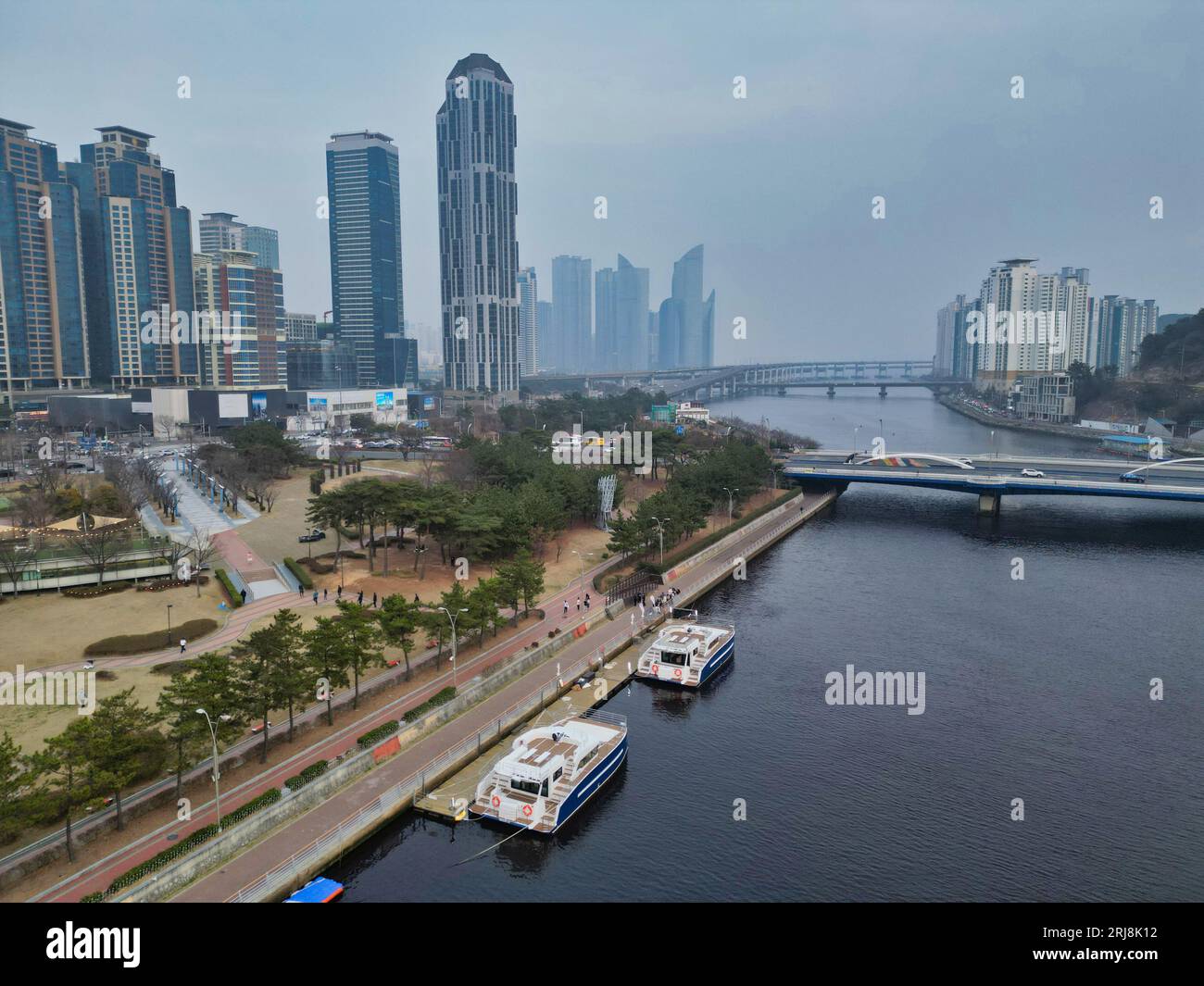 Aerial View of Haeundae River Cruise, Centum City, Busan, South korea ...