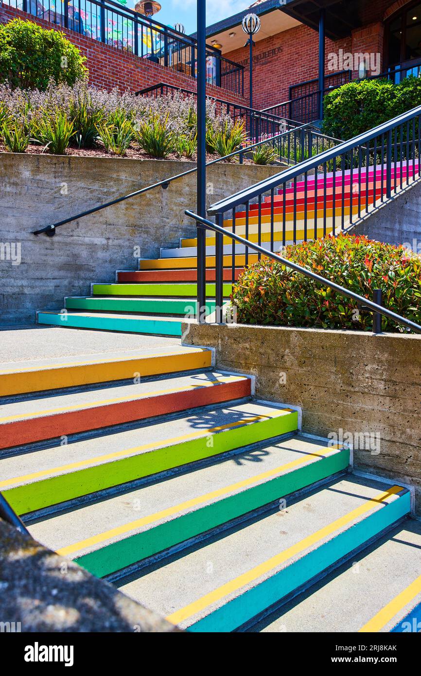 Strips of color on side of colorful pastel rainbow steps outside ...