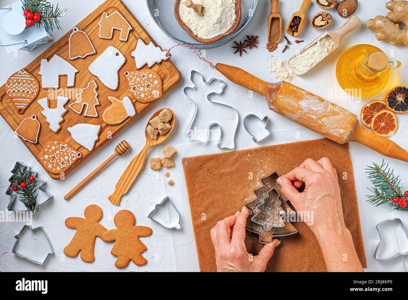 Christmas gingerbread different shaped with ingredients for gingerbread ...