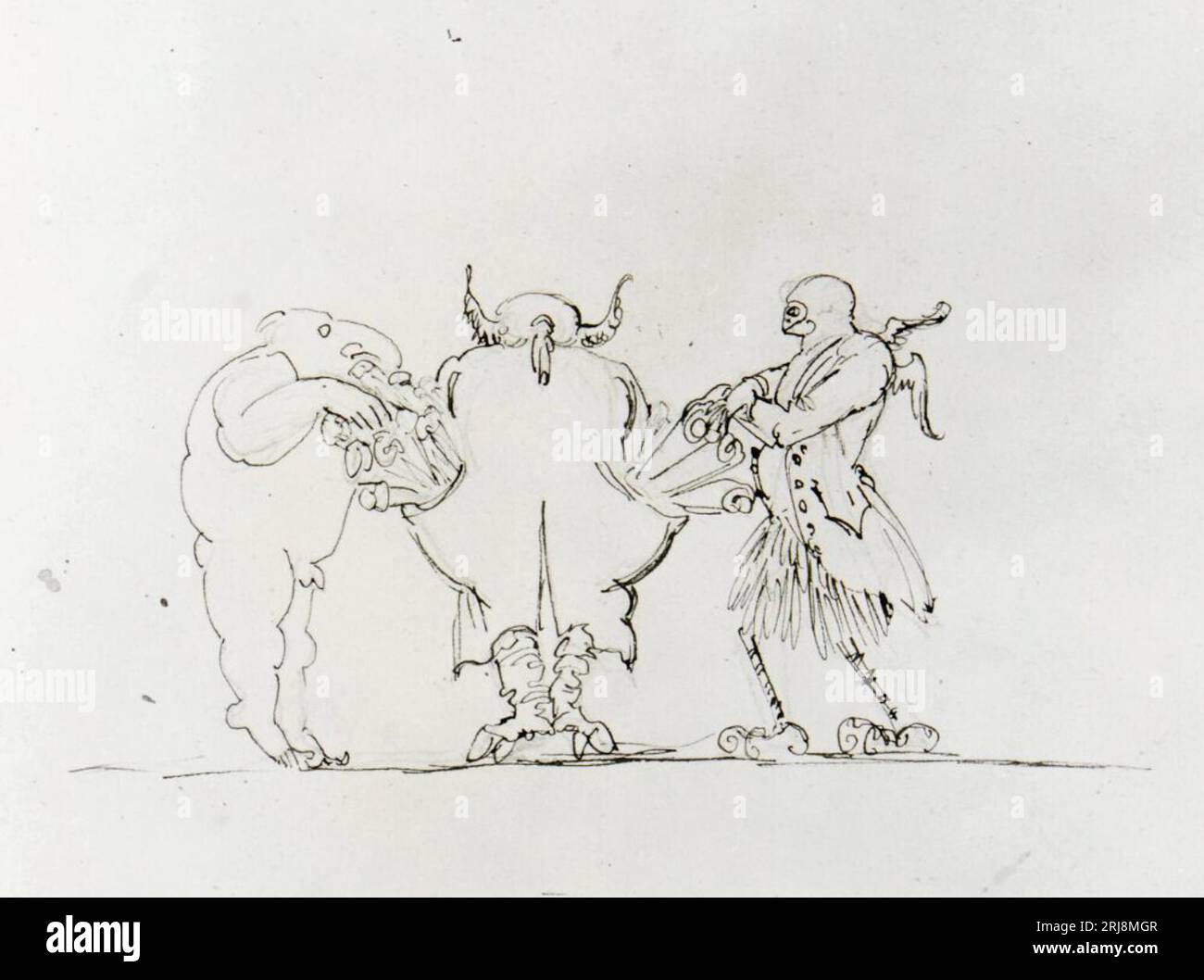 Karikatyrer och allegori. Tre män, Sergel i djurskepnad till vänster by ...