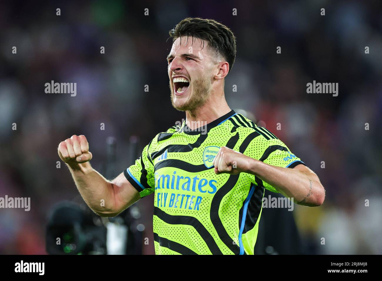 Declan Rice #41 of Arsenal celebrates with the fan at the end of the ...
