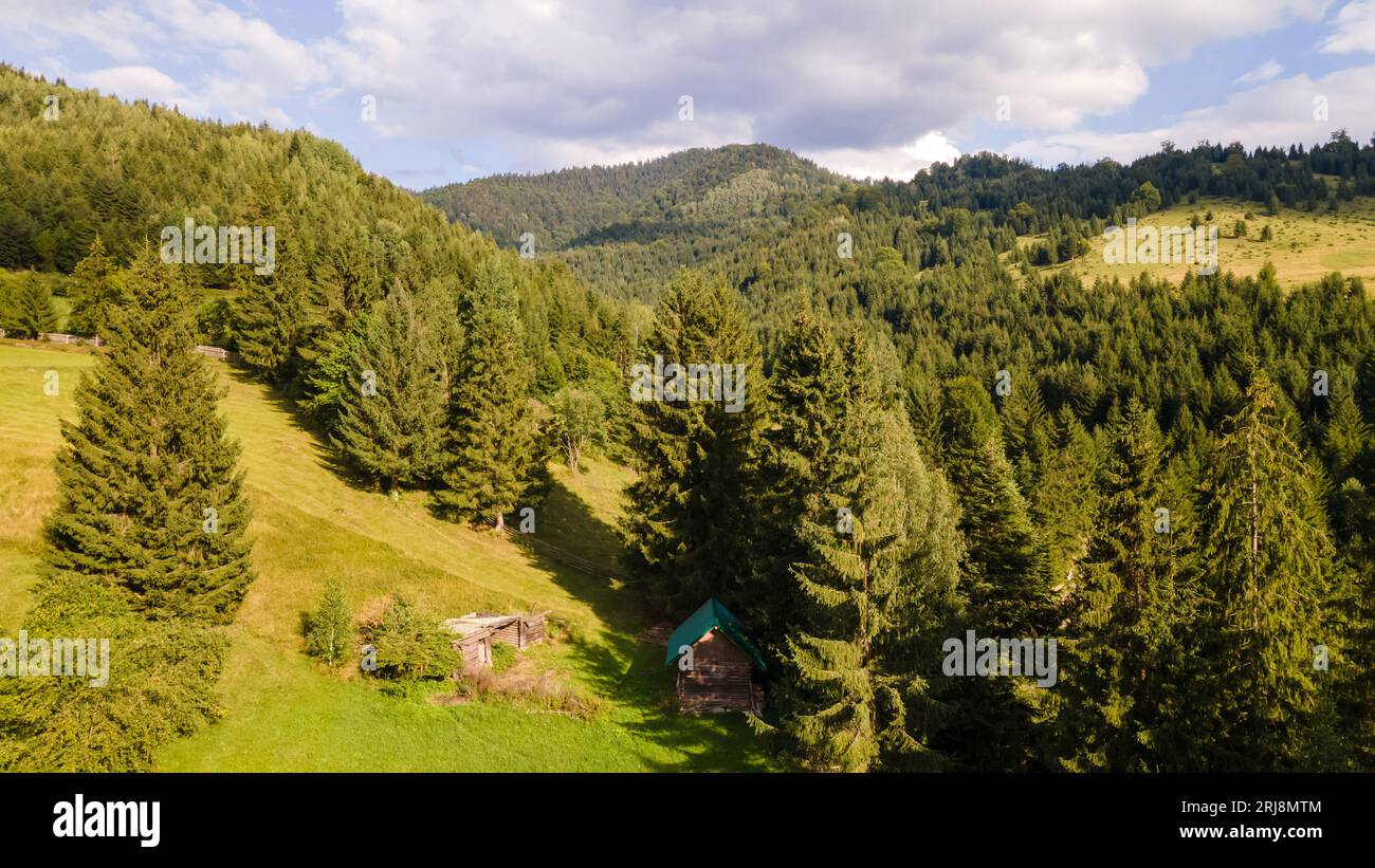 Aerial view of rural Romania, with houses, green forests and fields ...