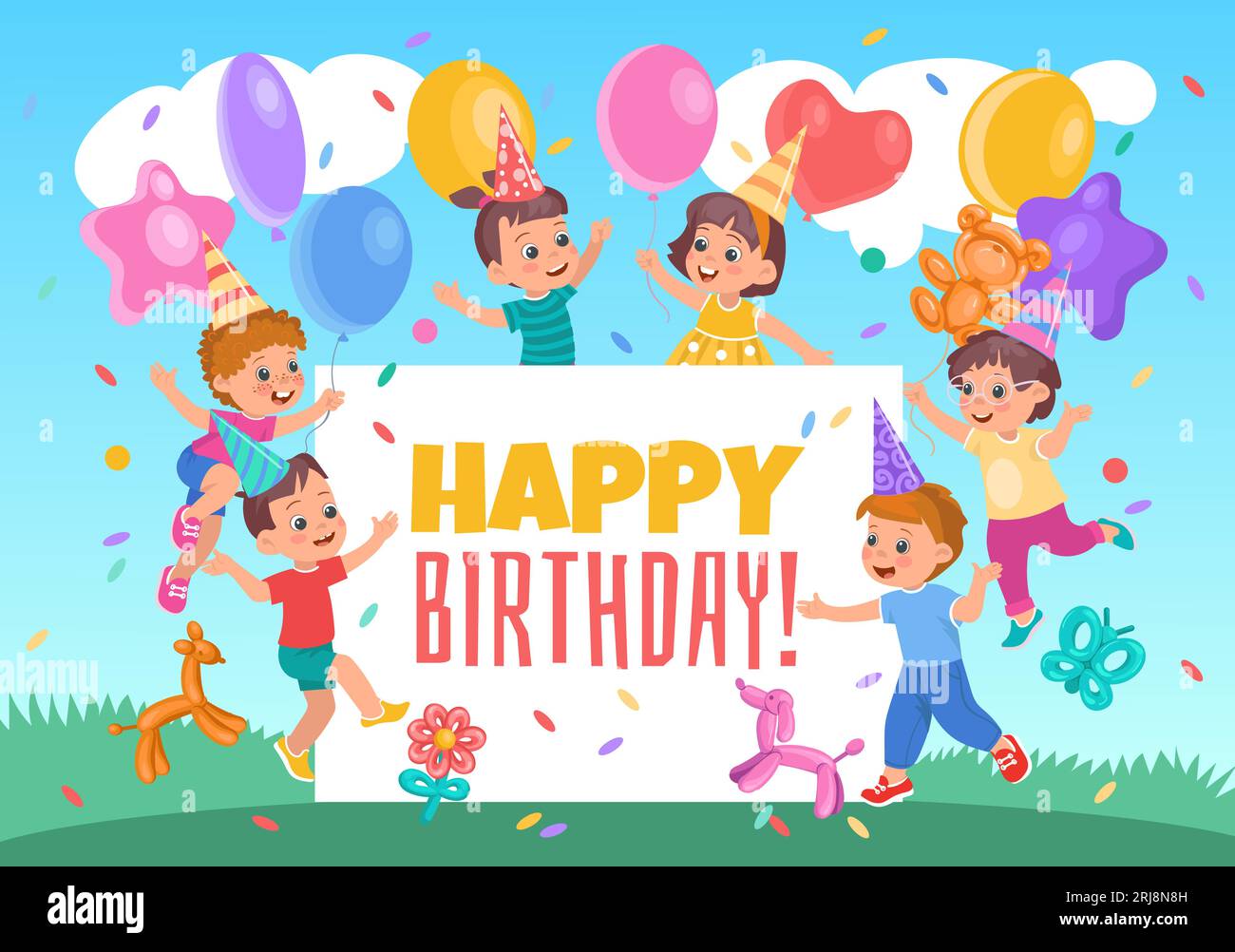 Happy little friends with balloons. Birthday party invitation. Smiling ...