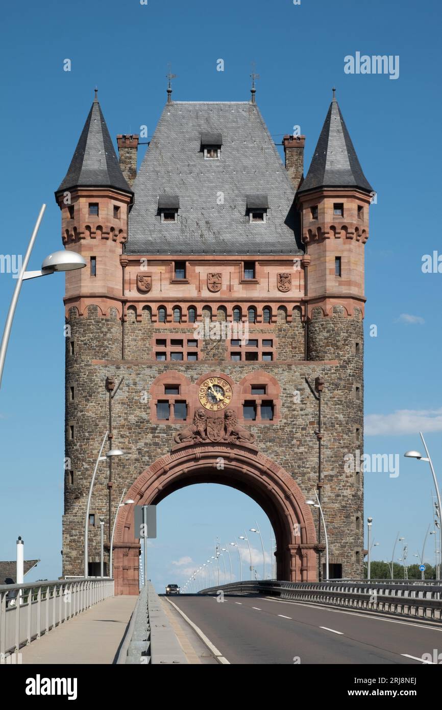 Historical cultural monument tower landmark called 'Nibelungenbrücke ...