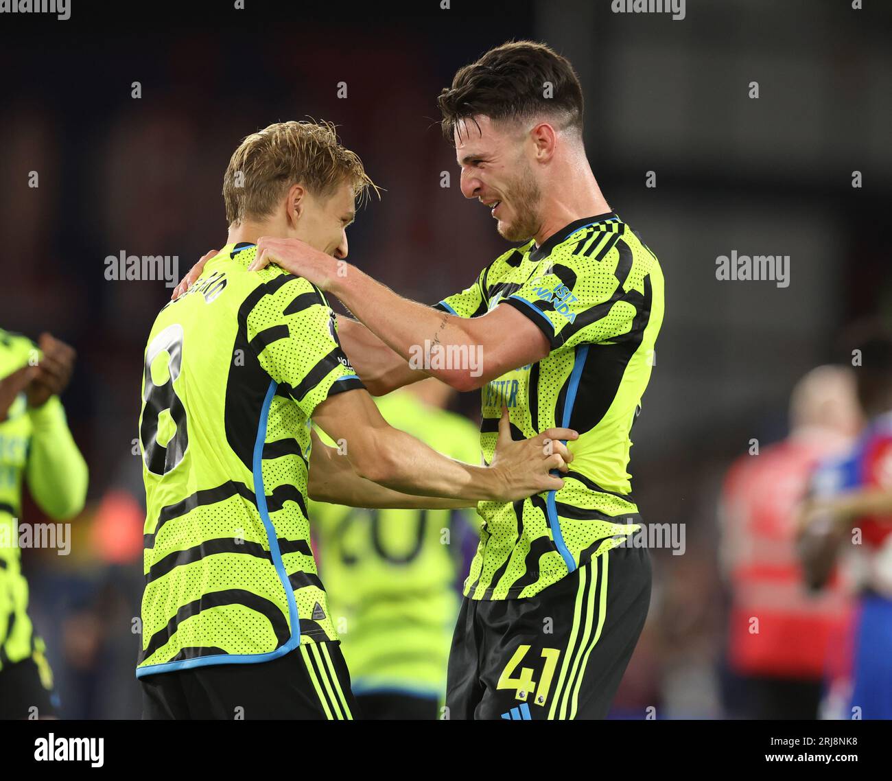 London, UK. 21st Aug, 2023. Martin Odegaard and Declan Rice of Arsenal celebrate after the ...