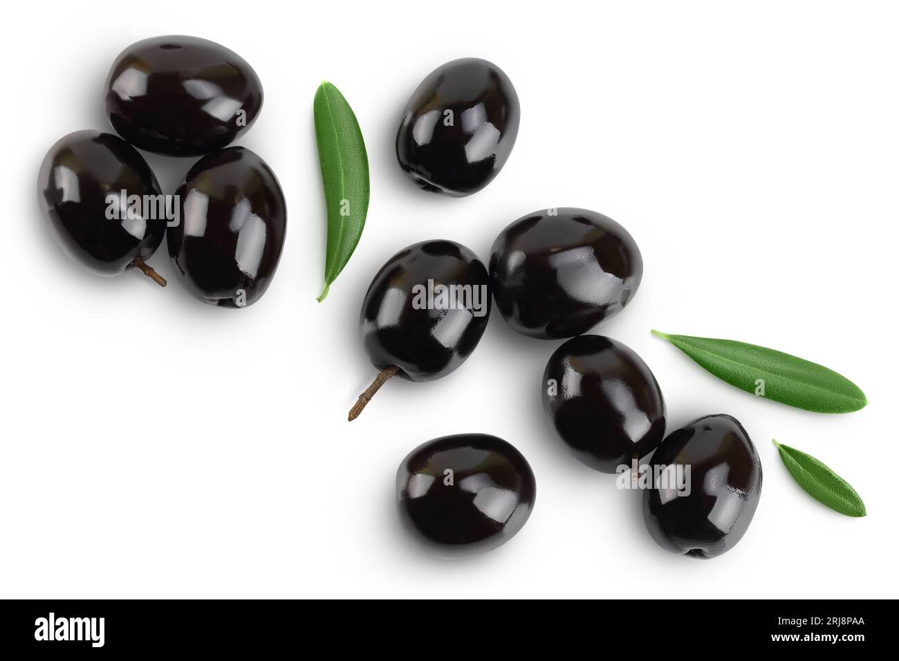 Black olives with leaves isolated on a white background with full depth ...
