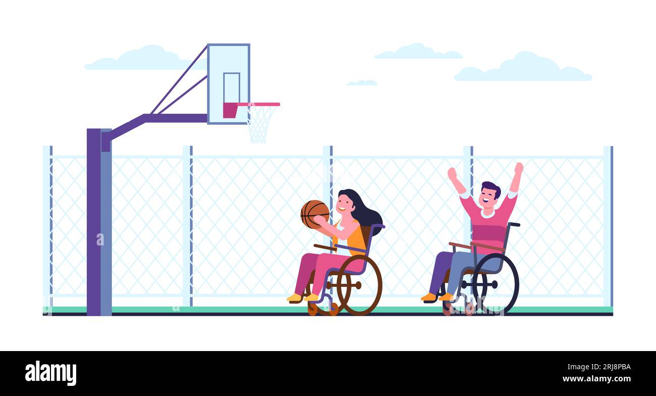 Girl and guy in wheelchairs playing basketball. Outdoor sports field ...
