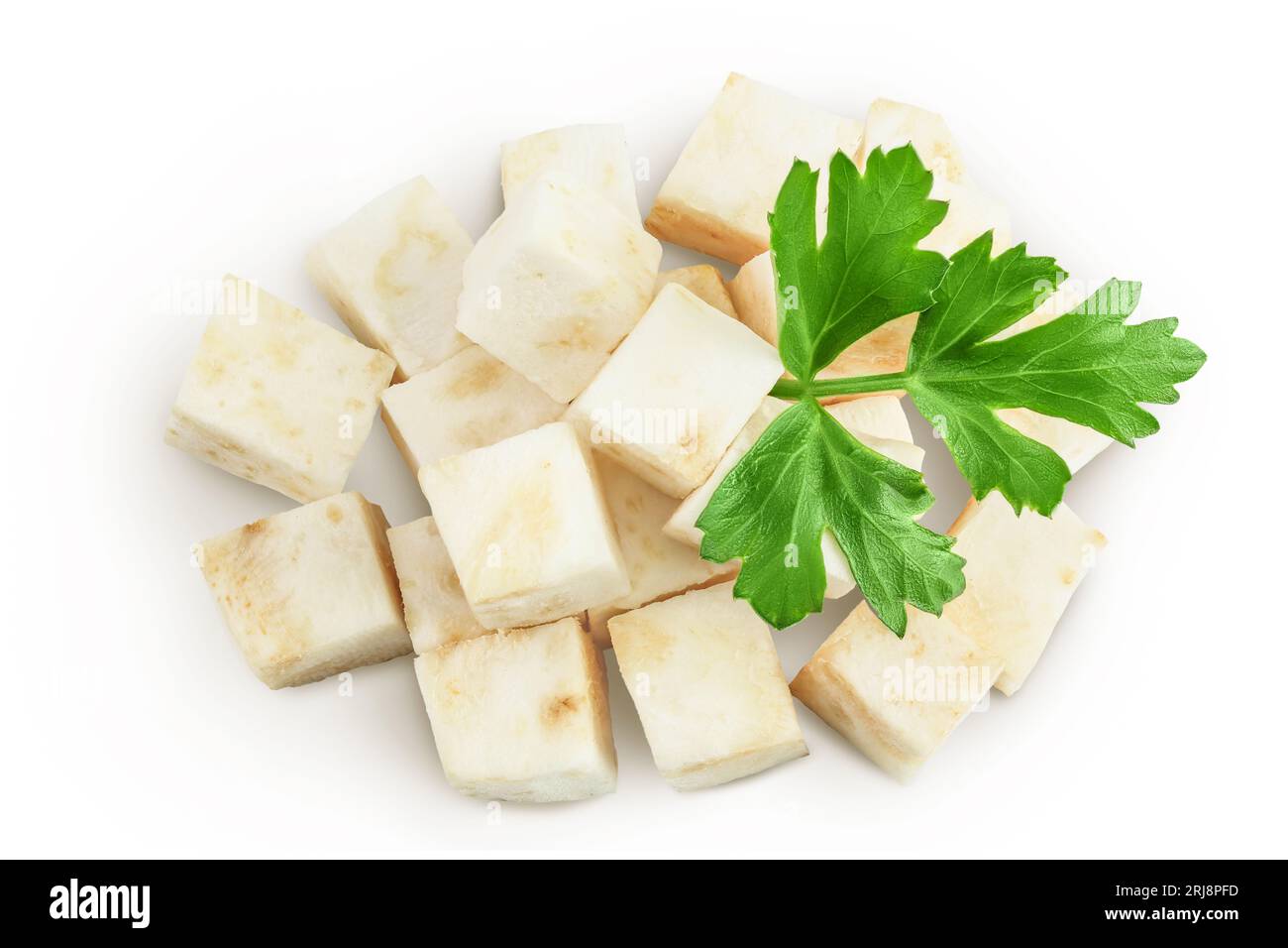 diced celery root with leaf isolated on white background. Top view ...