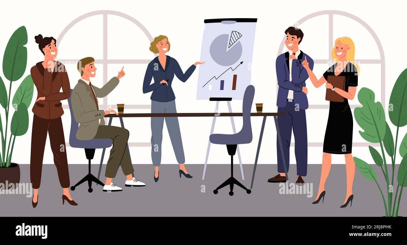 Business woman holds presentation. Lady talks about project in ...