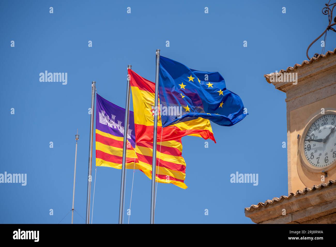 Spanish and European Union flags in summer. Palm de Mallorca Stock ...