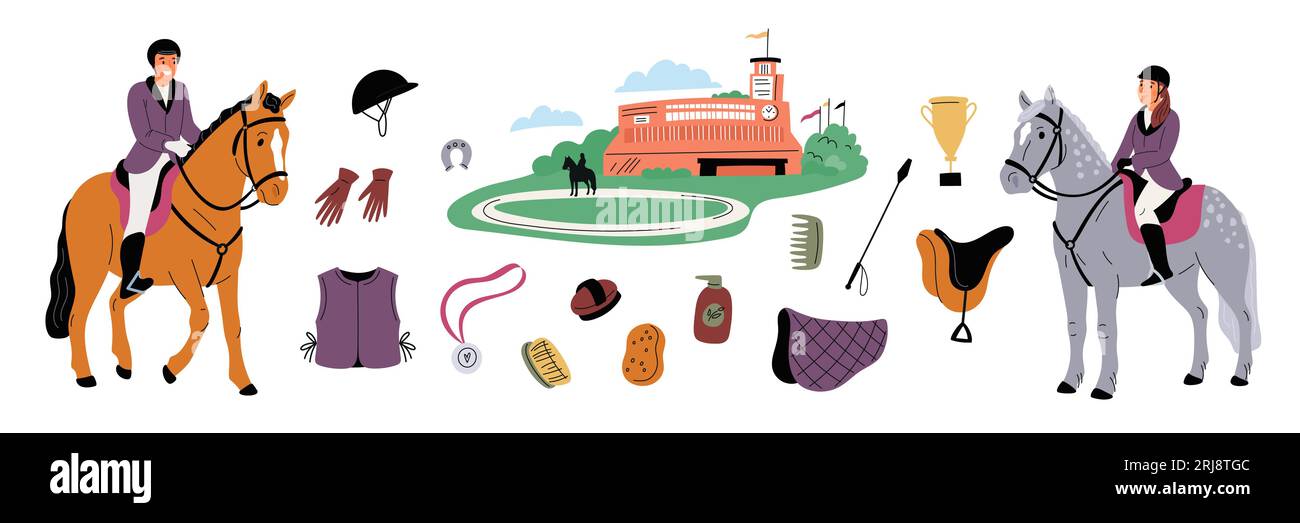 Cartoon equestrian sport elements. Happy riders on horseback. Jockeys ...