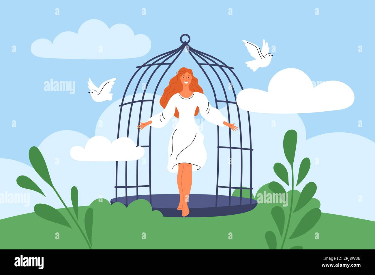 Gaining freedom. Beautiful girl comes out of open cage. Happy woman ...