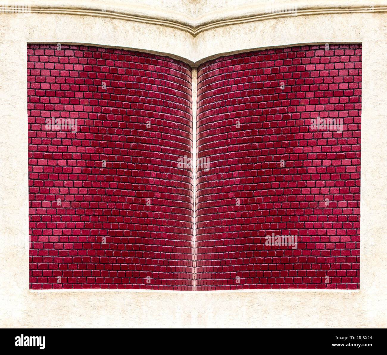 A vibrant red brick wall featuring two symmetrical rows of square ...