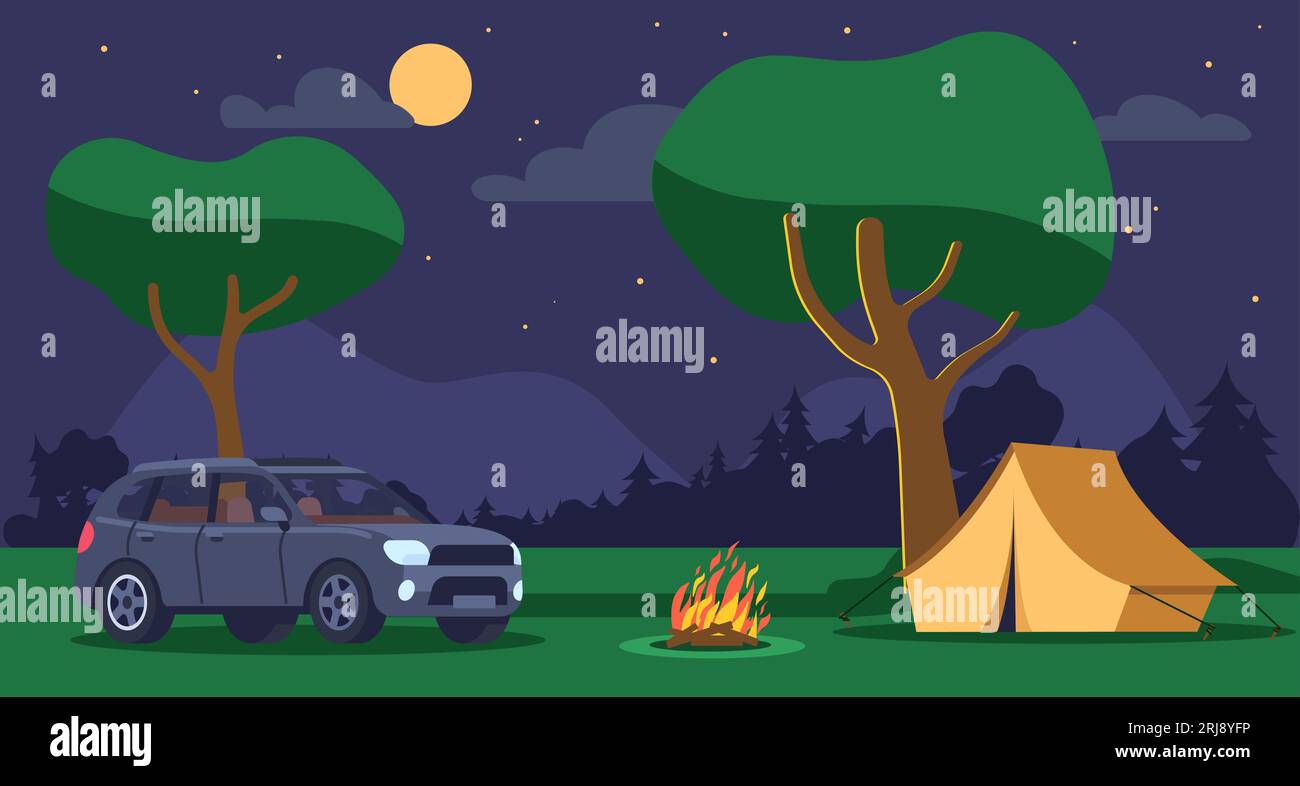 Summer camping in woods at night. Overlooking mountains with campfire ...