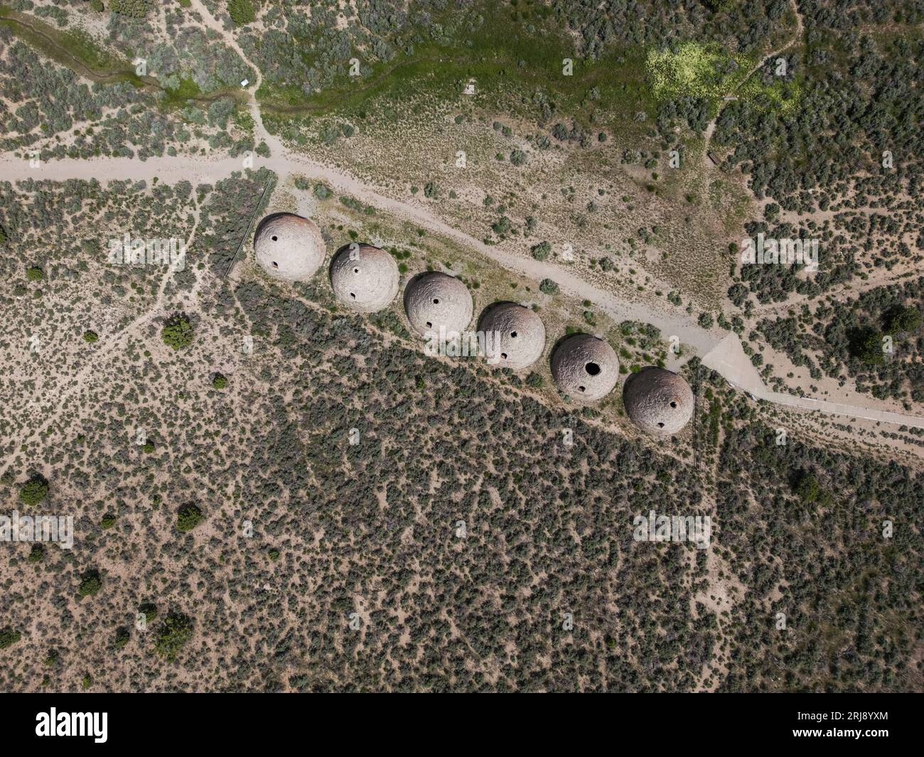 Aerial perspective of the behave shaped charcoal ovens that were used ...