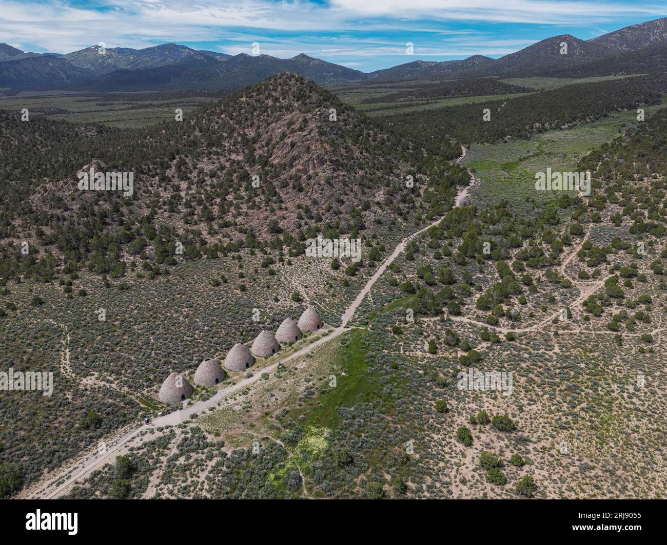 Aerial perspective of the behave shaped charcoal ovens that were used ...