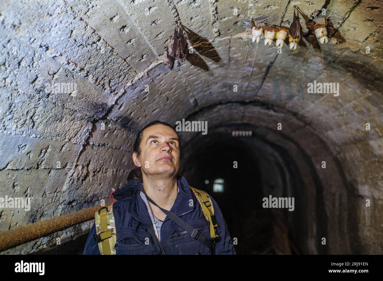 Explorer in underground tunnel looking on bats Stock Photo - Alamy