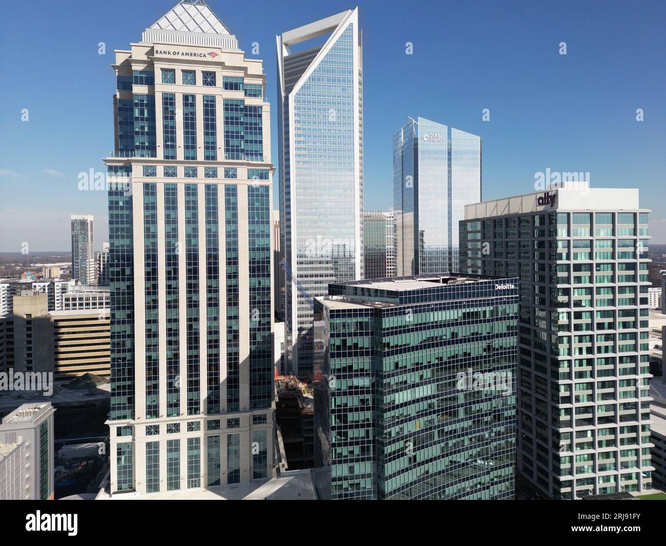Aerial view of a bustling downtown cityscape, featuring towering office ...