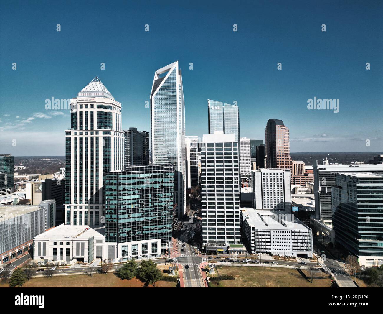 Aerial view of bustling metropolis with high rise buildings and ...