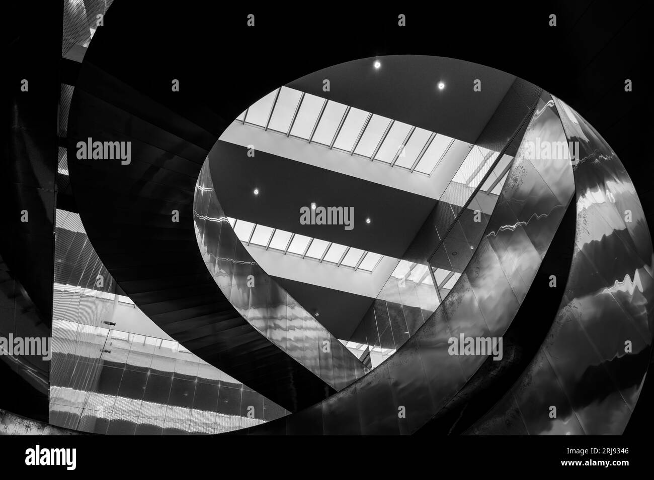 Black and white tone, Close up detail at shining metal railing of ...