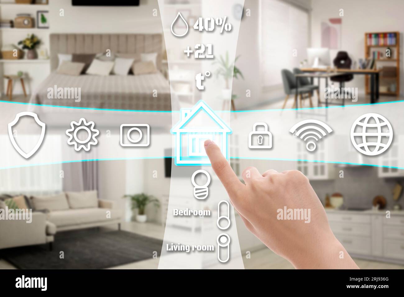 Smart home system. Woman using digital interface, closeup Stock Photo ...