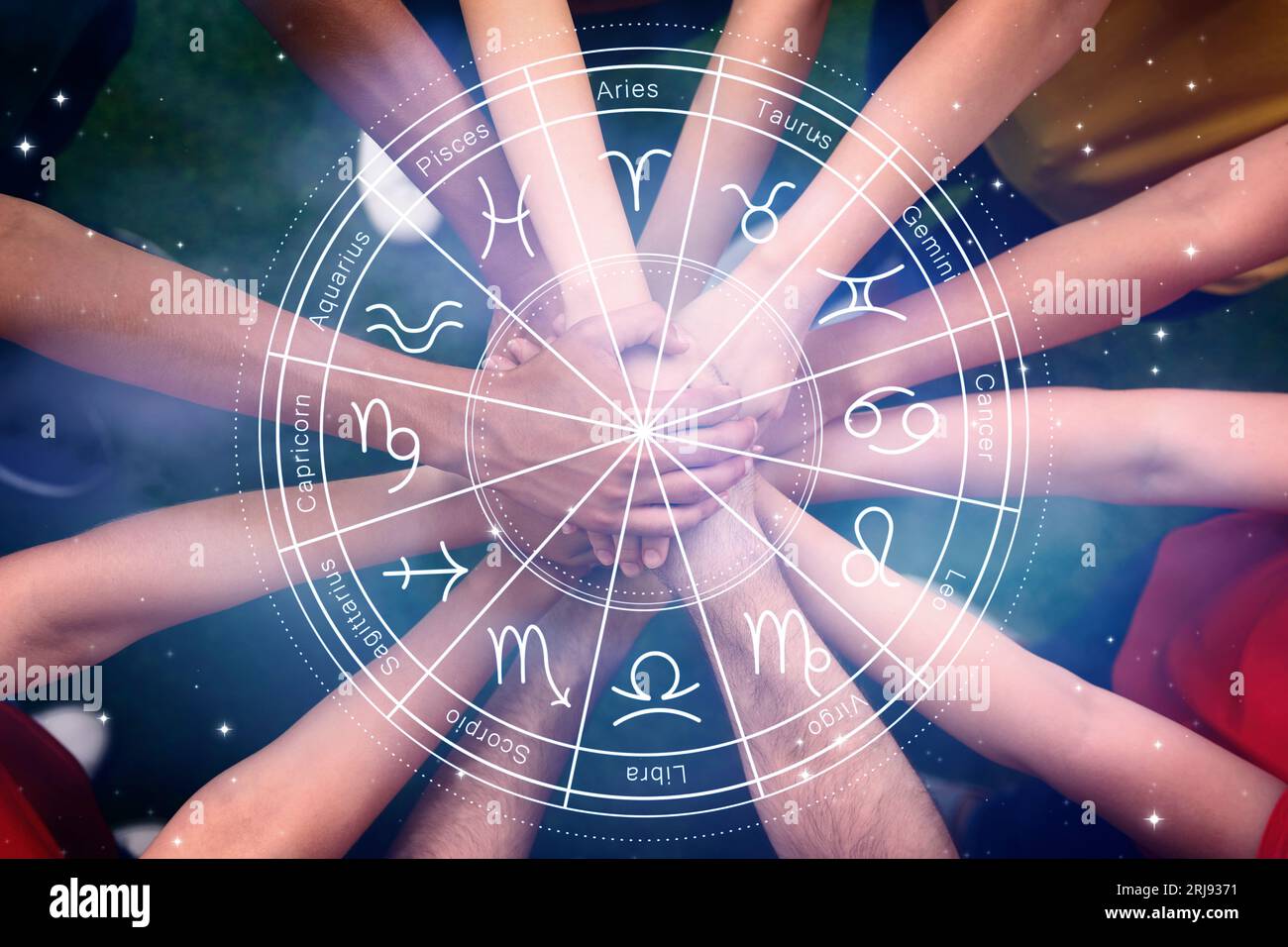 Relationships and horoscope. Zodiac wheel and photo of people joining ...