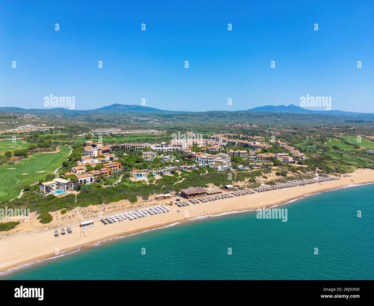 Aerial photo over the famous sandy deep turquoise and blue exotic beach ...