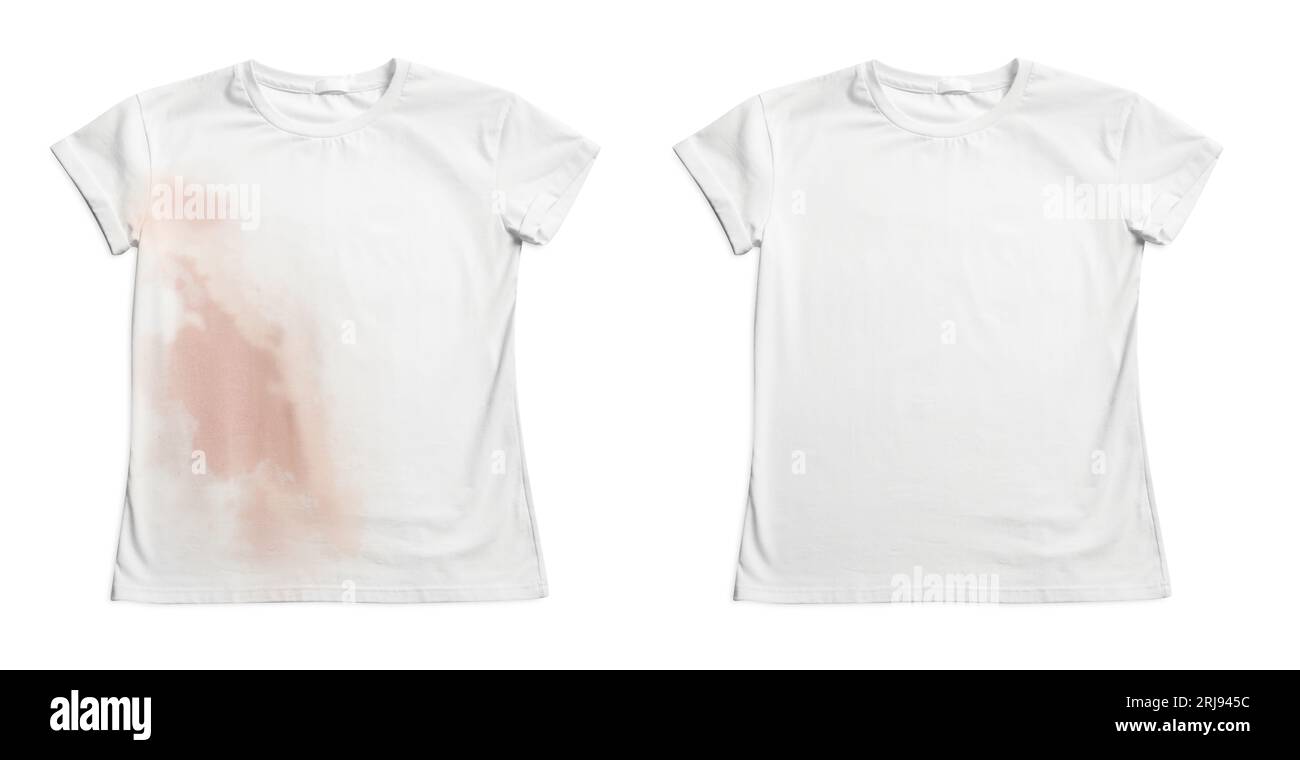 Collage with dirty and clean t-shirt isolated on white. Before and ...