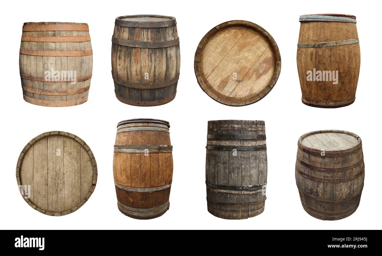 Different wooden barrels isolated on white, top and side views. Collage ...