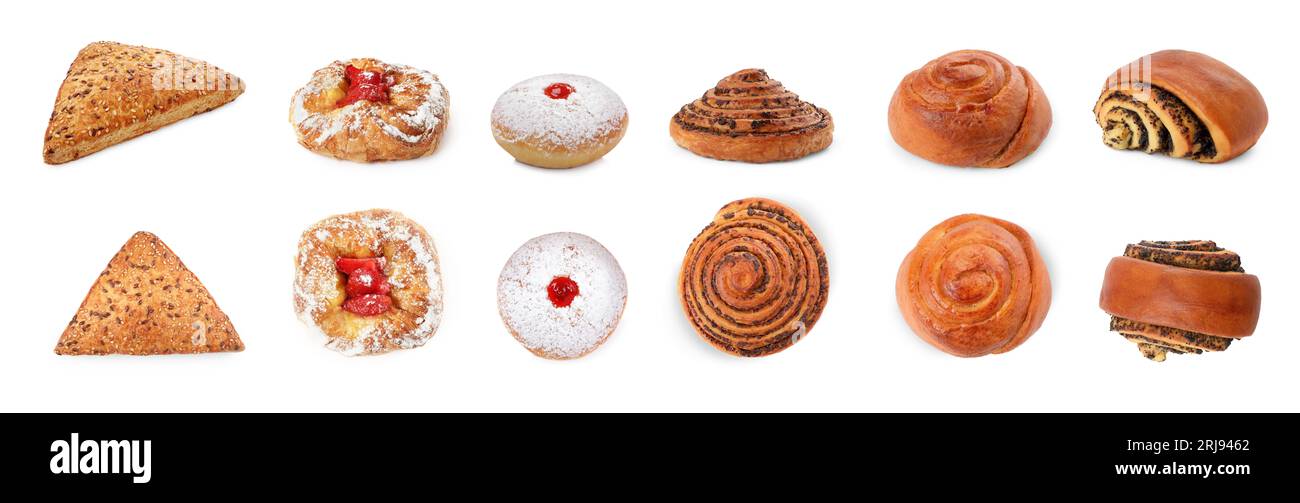 Collage with different pastries isolated on white, top and side views ...