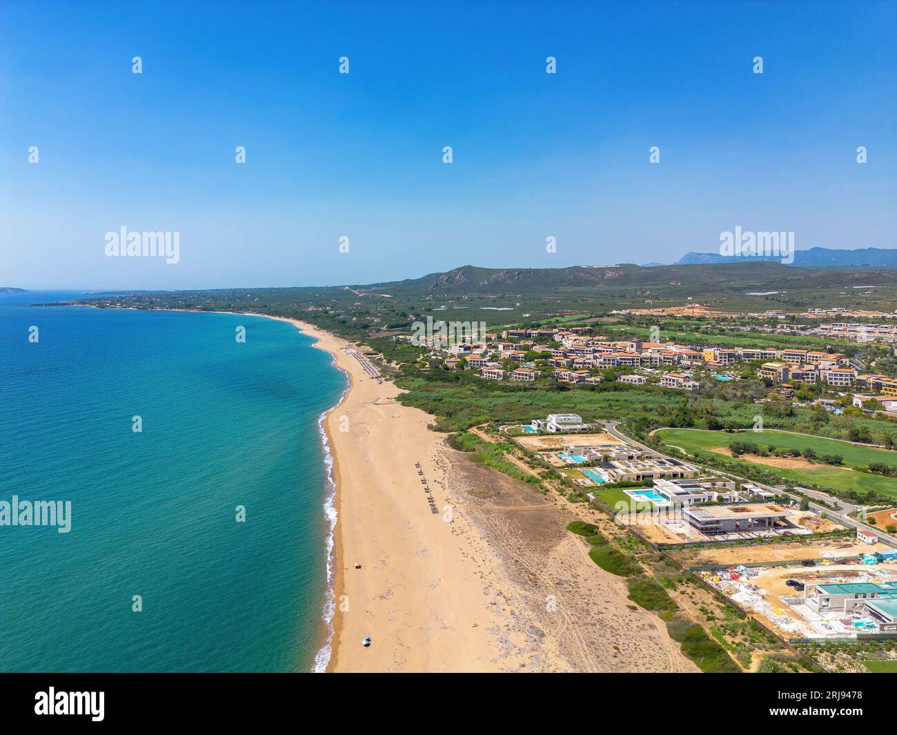 Aerial photo over the famous sandy deep turquoise and blue exotic beach ...