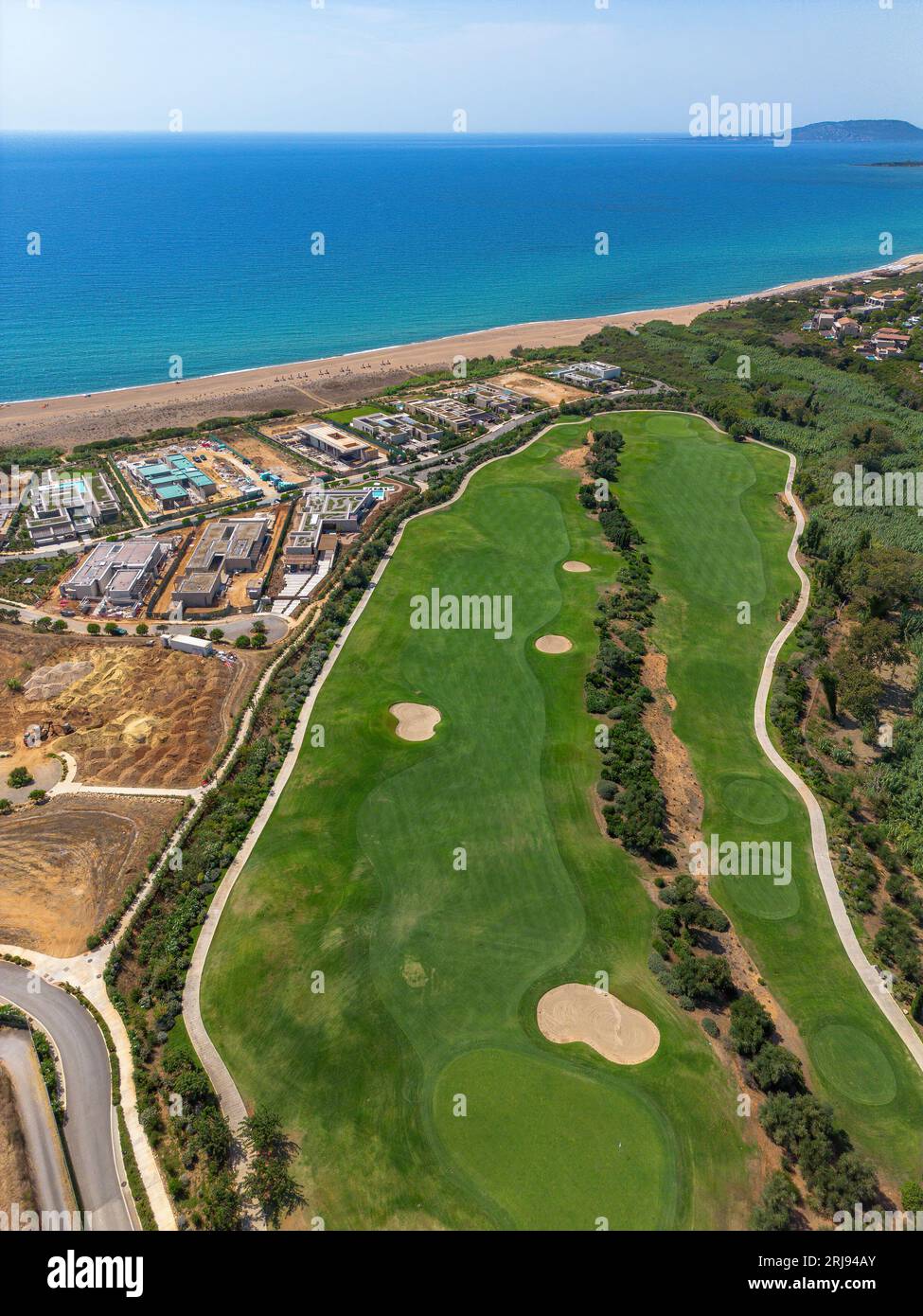 Aerial photo over the famous sandy deep turquoise and blue exotic beach ...