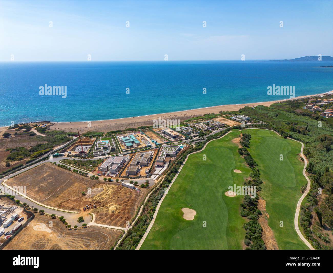 Aerial photo over the famous sandy deep turquoise and blue exotic beach ...