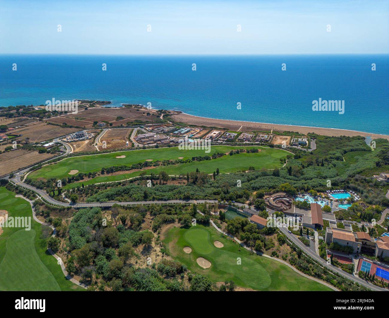 Aerial photo over the famous sandy deep turquoise and blue exotic beach ...