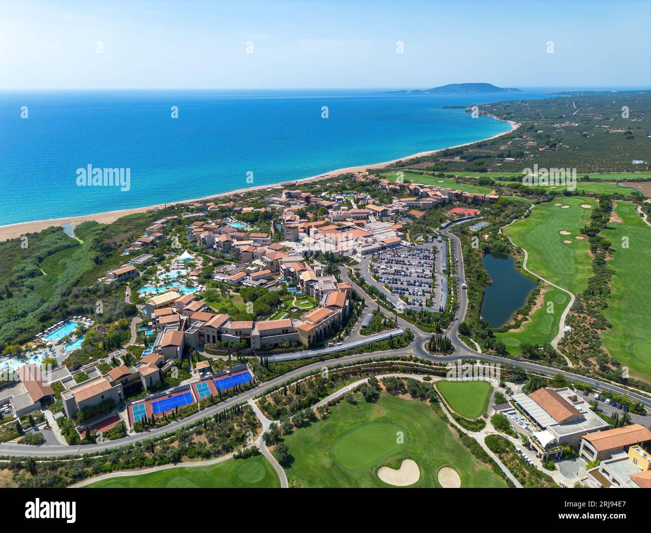Aerial photo over the famous sandy deep turquoise and blue exotic beach ...