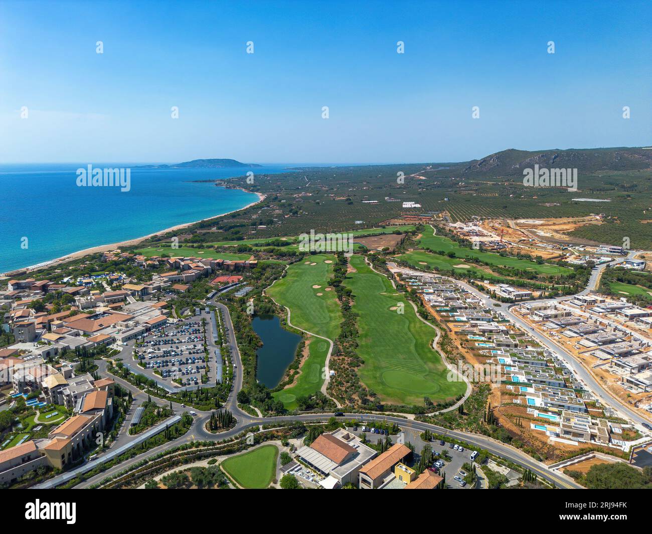 Aerial photo over the famous sandy deep turquoise and blue exotic beach ...